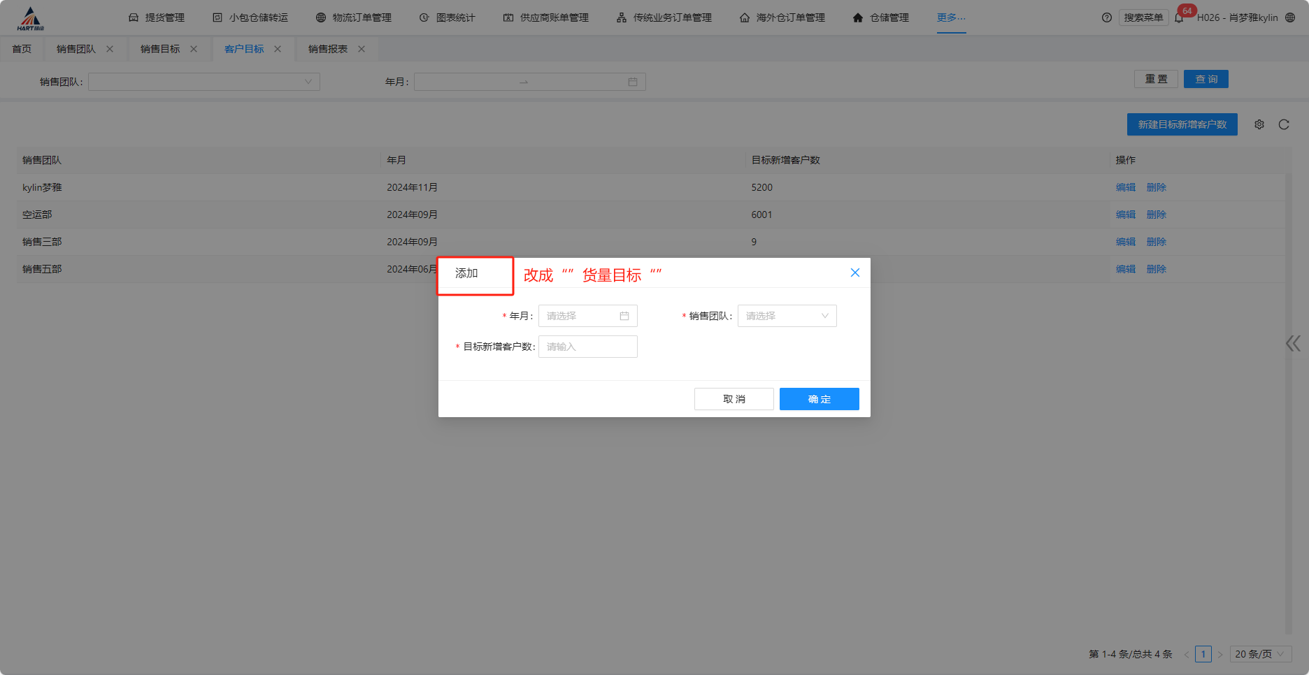 Bug 3247 【客户管理 客户目标】 添加”改为 货量目标” 物流管理系统 禅道